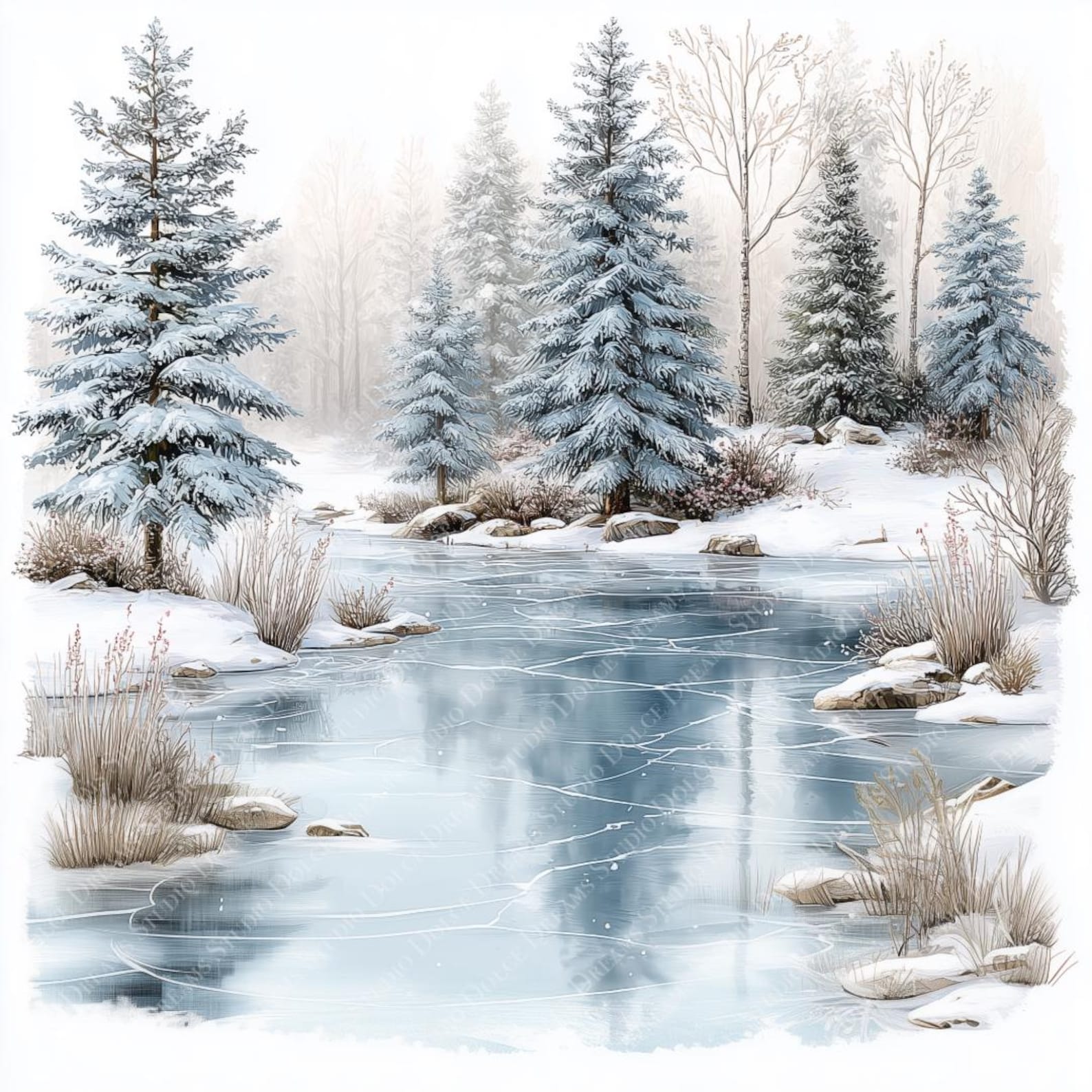 15 Winter Water Scenes Clipart, Frozen Lakes, Snowy Rivers & Ponds ...