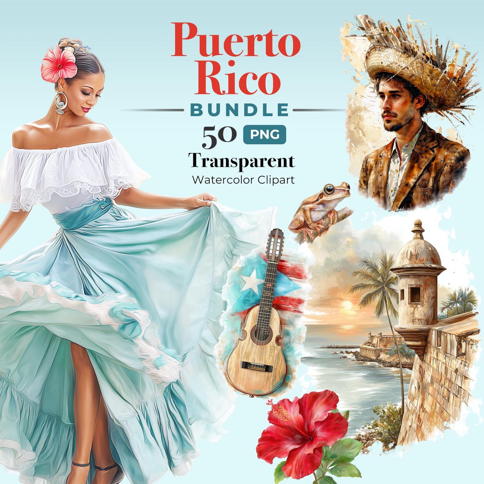 50 Puerto Rico Watercolor Clipart Bundle, Cultural & Tropical ...