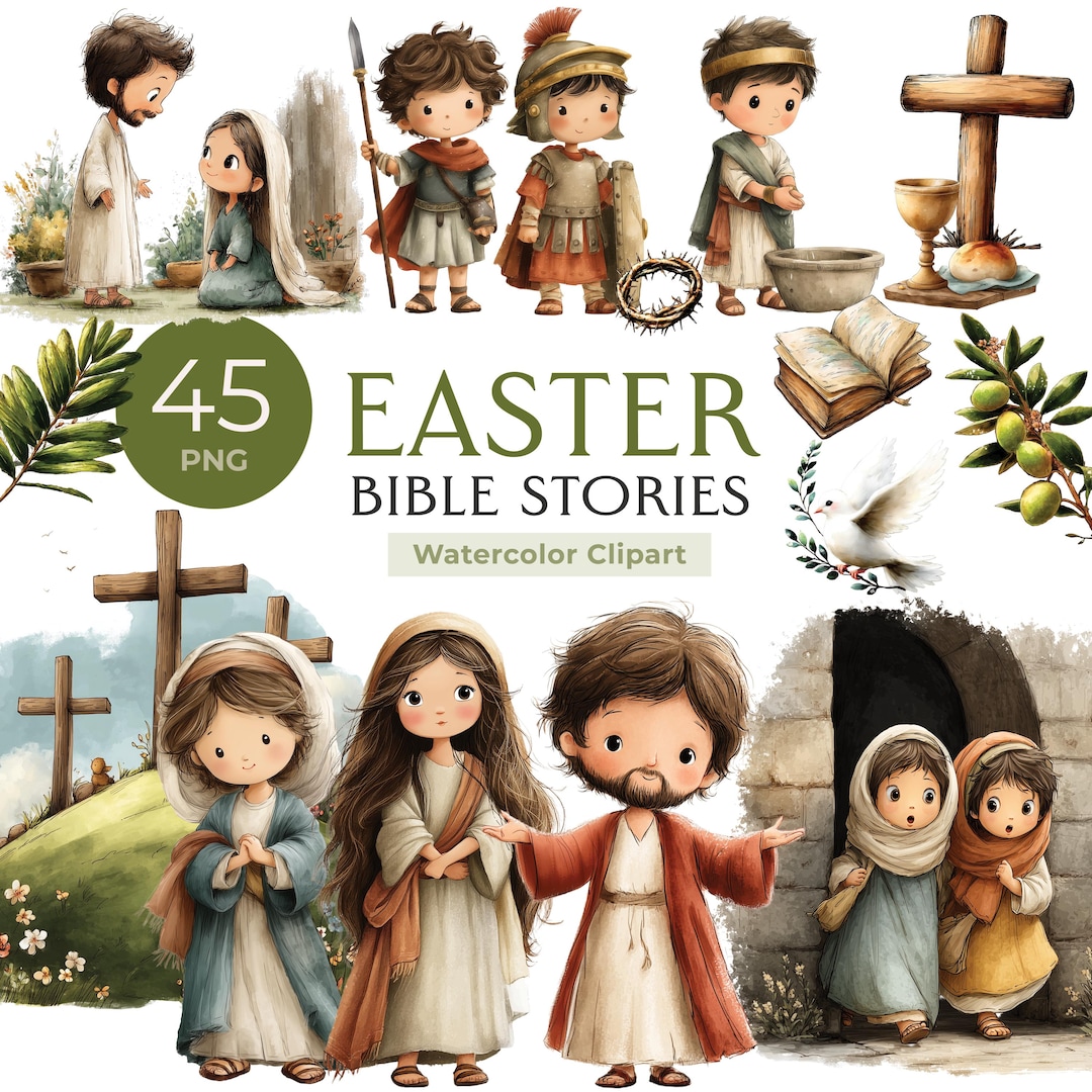 Christian Easter Bible Stories Clipart Bundle, Watercolor Cute Kids ...