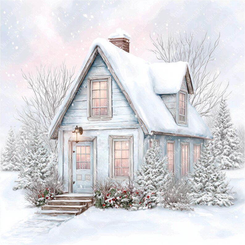 20 Winter Village Houses Clipart, Snowy Winter Cottage Set, Christmas ...