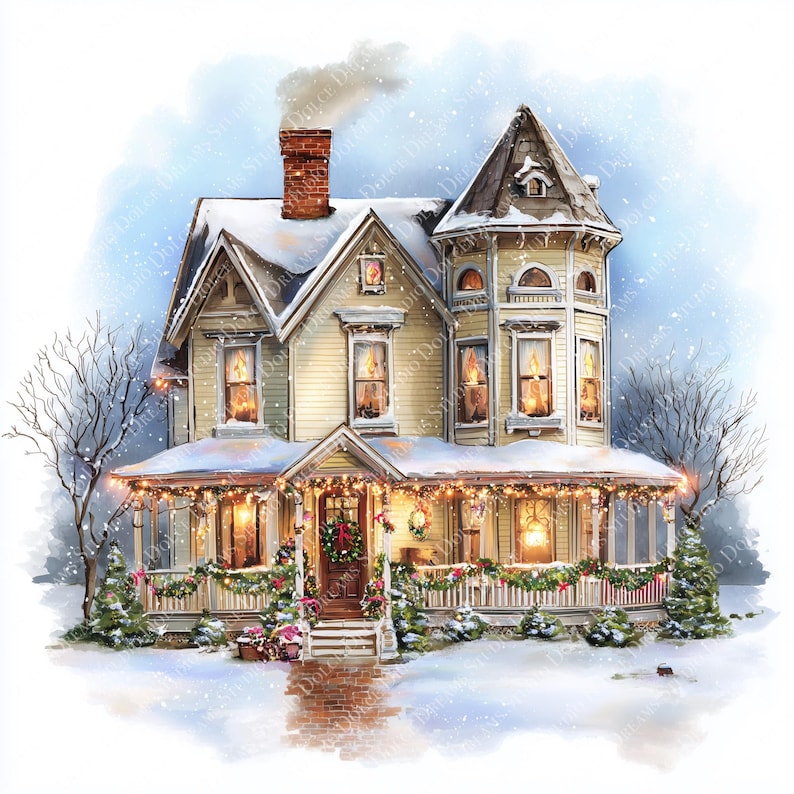 12 Christmas Houses Clipart Bundle, Cozy Winter Cottage, Printable ...