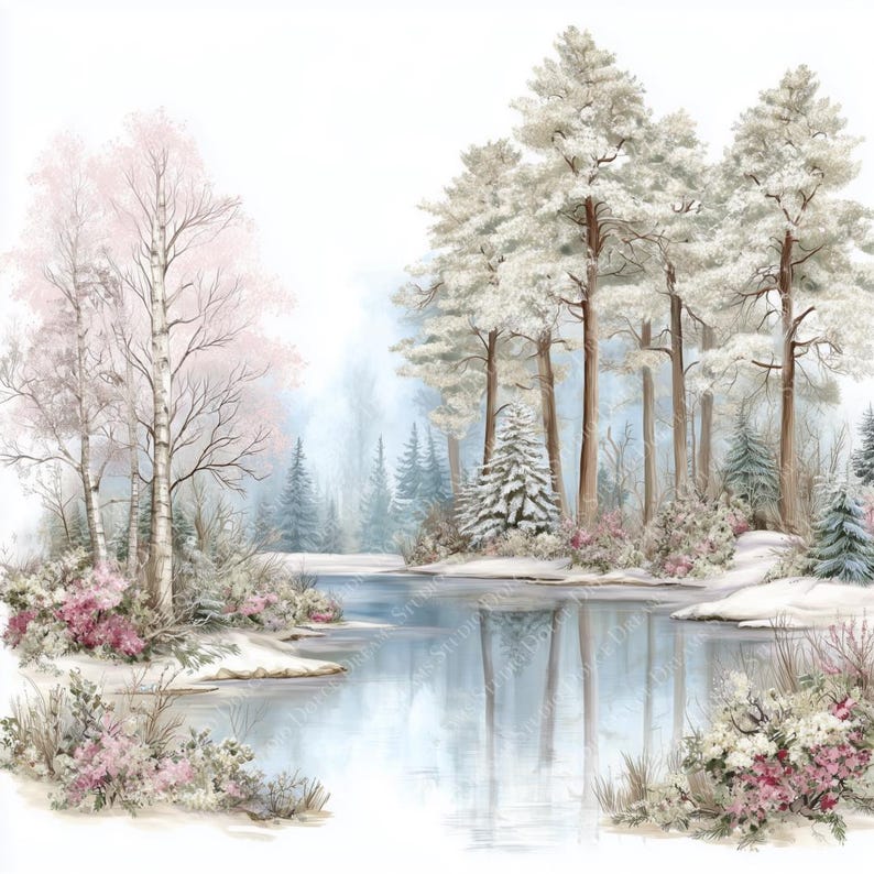 15 Winter Water Scenes Clipart, Frozen Lakes, Snowy Rivers & Ponds ...