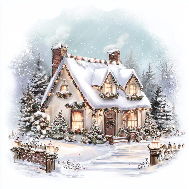 12 Christmas Houses Clipart Bundle, Cozy Winter Cottage, Printable ...