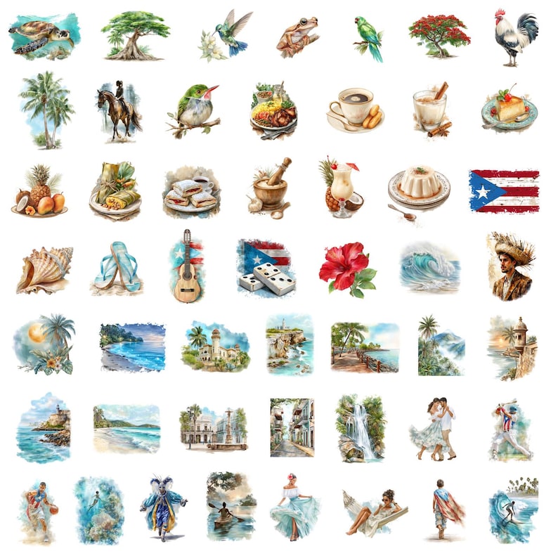50 Puerto Rico Watercolor Clipart Bundle, Cultural & Tropical ...
