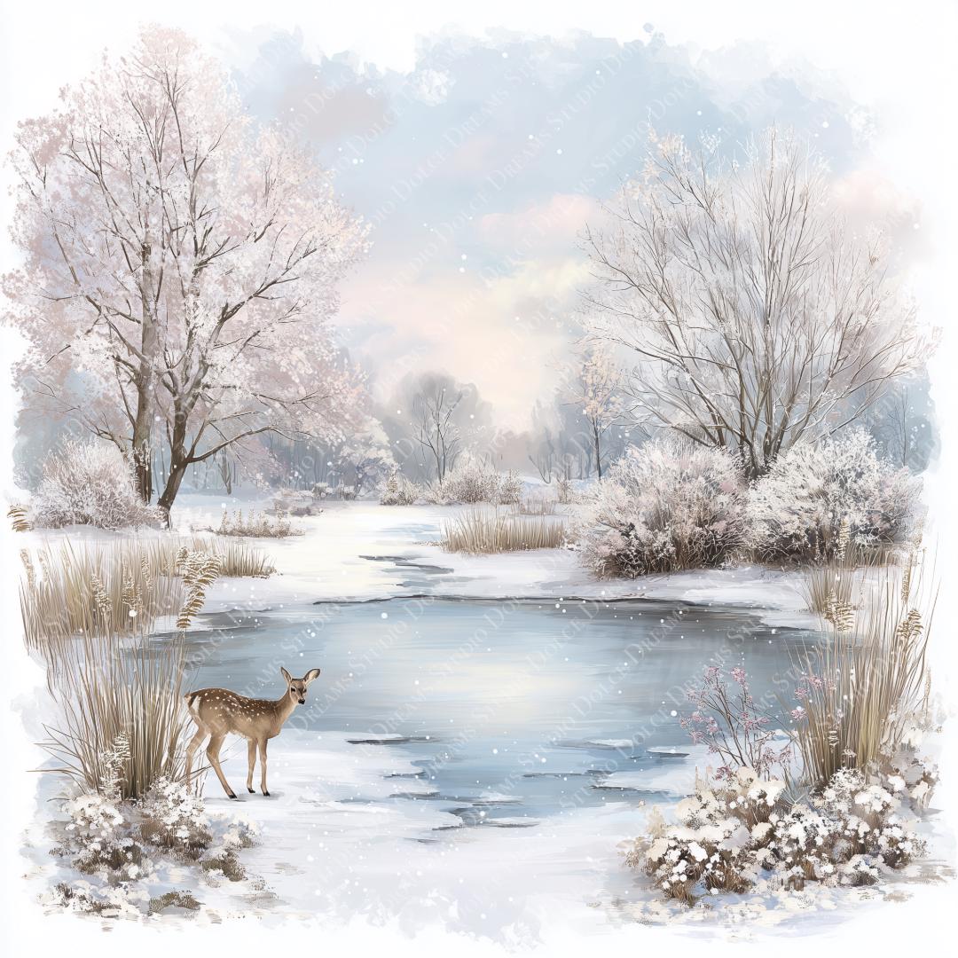 15 Winter Water Scenes Clipart, Frozen Lakes, Snowy Rivers & Ponds ...