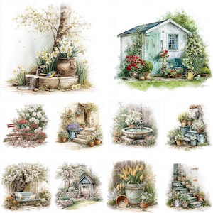 28 Spring Garden Watercolor Clipart Set, Cottagecore Garden Scenes ...