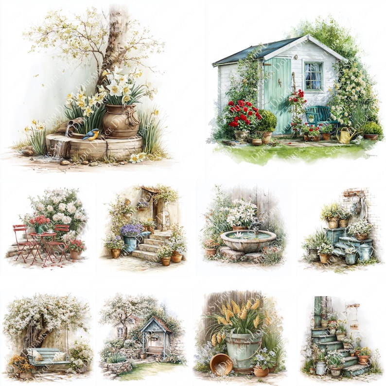 28 Spring Garden Watercolor Clipart Set, Cottagecore Garden Scenes ...