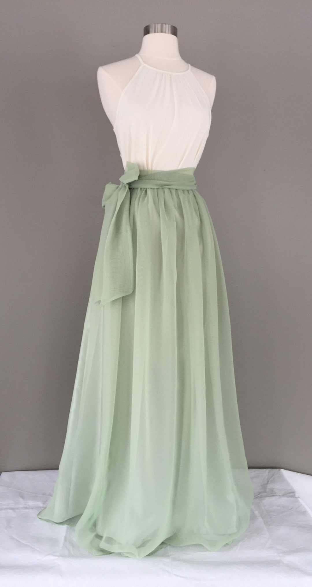 Jupe longue en mousseline de soie verte SAGE, jupe de demoiselle d ...