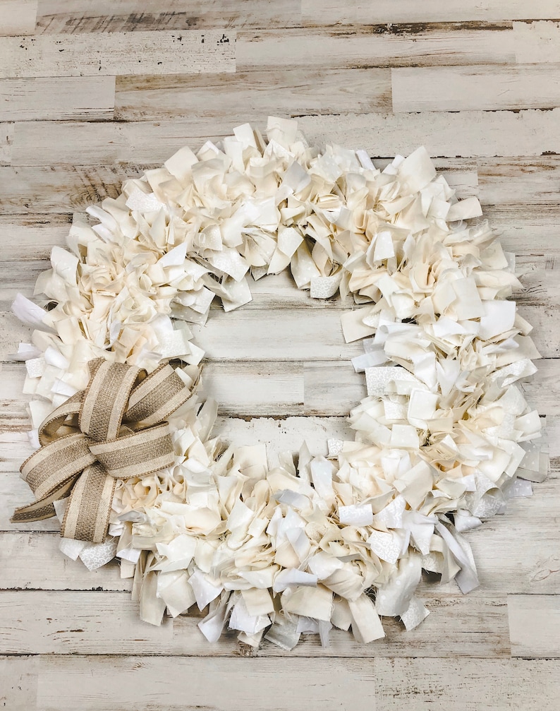 Farmhouse Rag Wreath, Antique White & Ivory Decorative Fabric Everyday ...