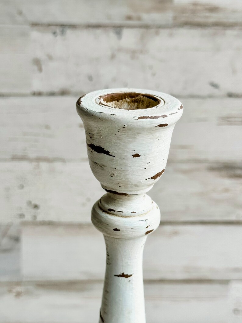 Antique White & Brown Wood Candlestick, Distressed Rustic Ivory Wooden ...