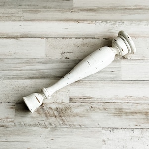 Antique White & Brown Wood Candlestick, Distressed Rustic Ivory Wooden ...