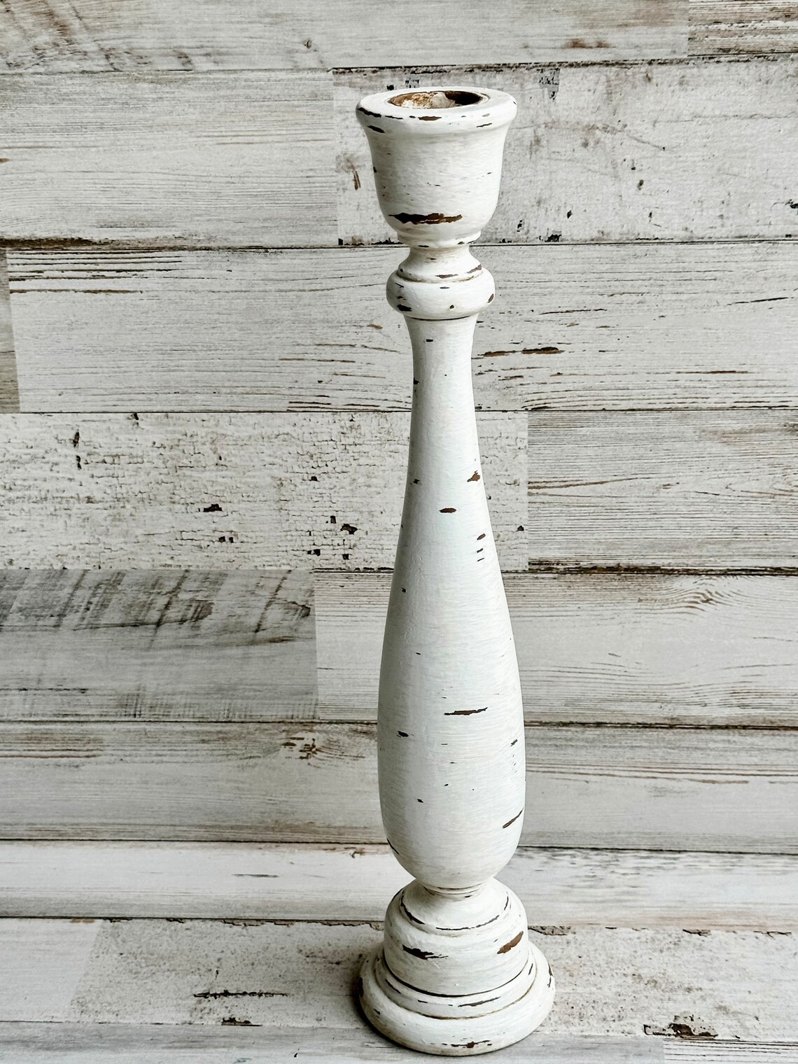 Antique White & Brown Wood Candlestick, Distressed Rustic Ivory Wooden ...