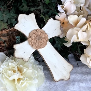 Rustic Distressed Wooden Wall Cross, Antique White & Brown Burlap ...