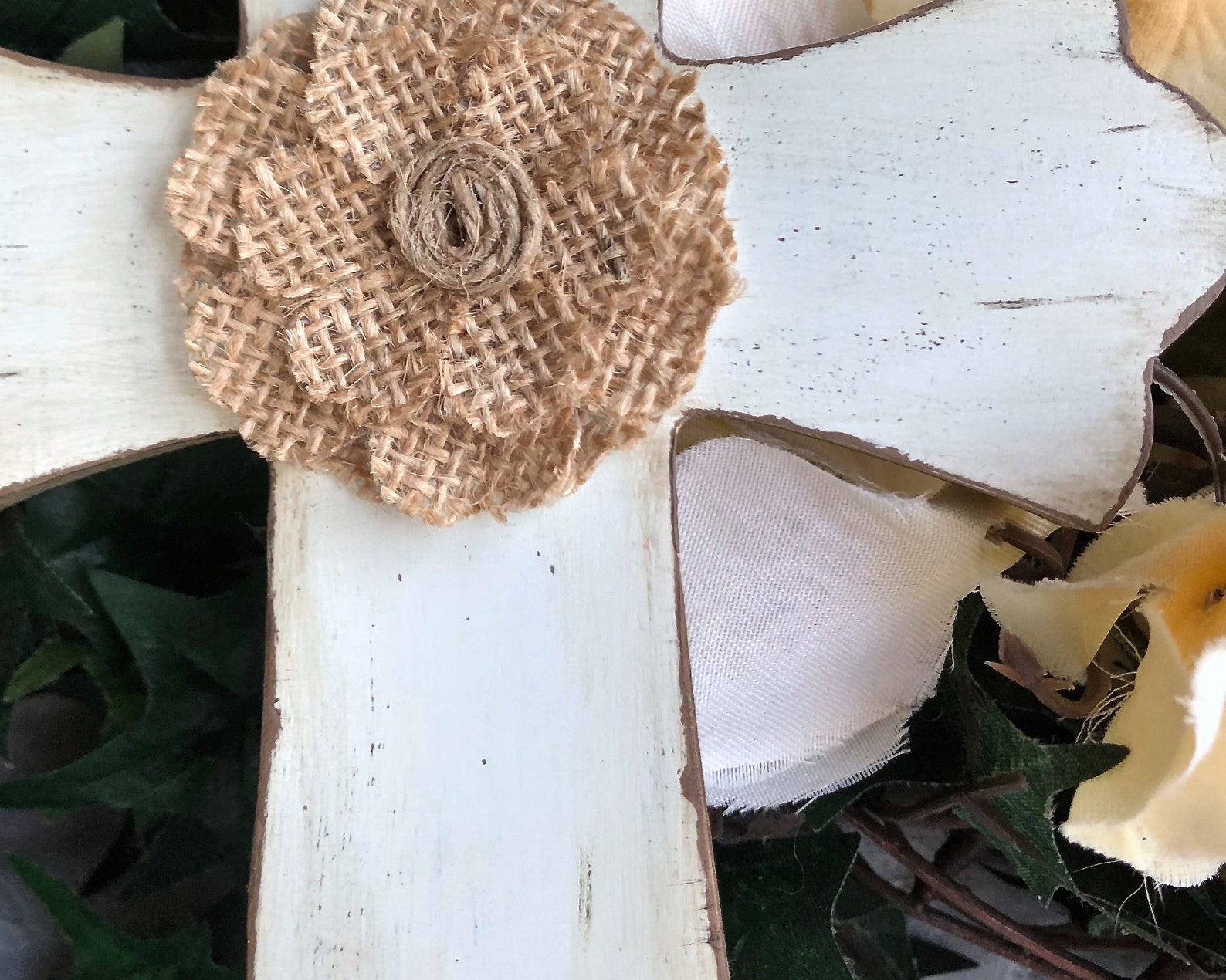 Rustic Distressed Wooden Wall Cross, Antique White & Brown Burlap ...