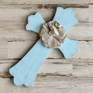 Light Blue Painted Wood Cross, Floral Embellished Wooden Crosses ...