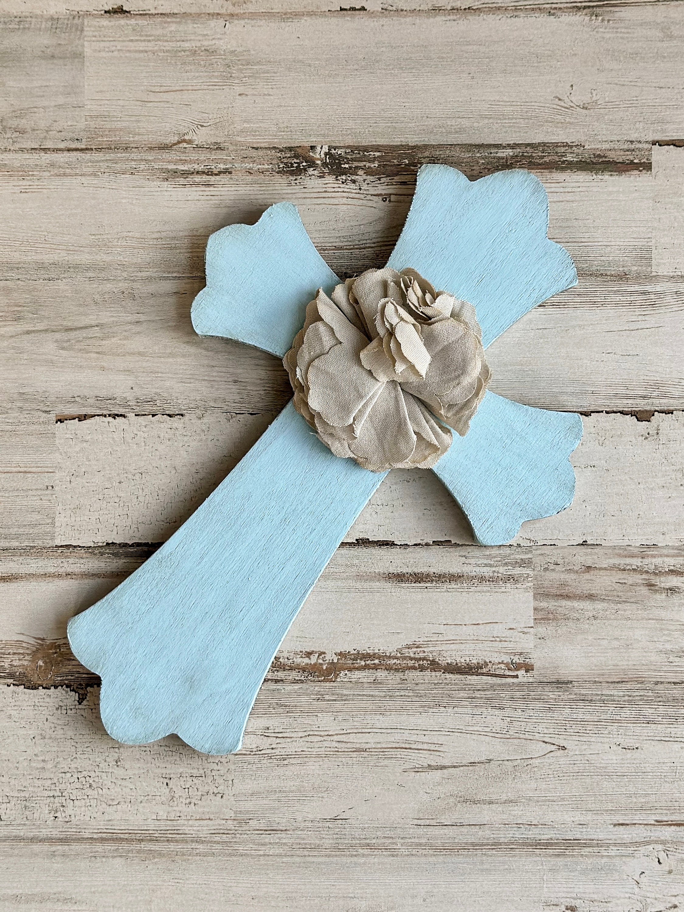 Light Blue Painted Wood Cross, Floral Embellished Wooden Crosses ...