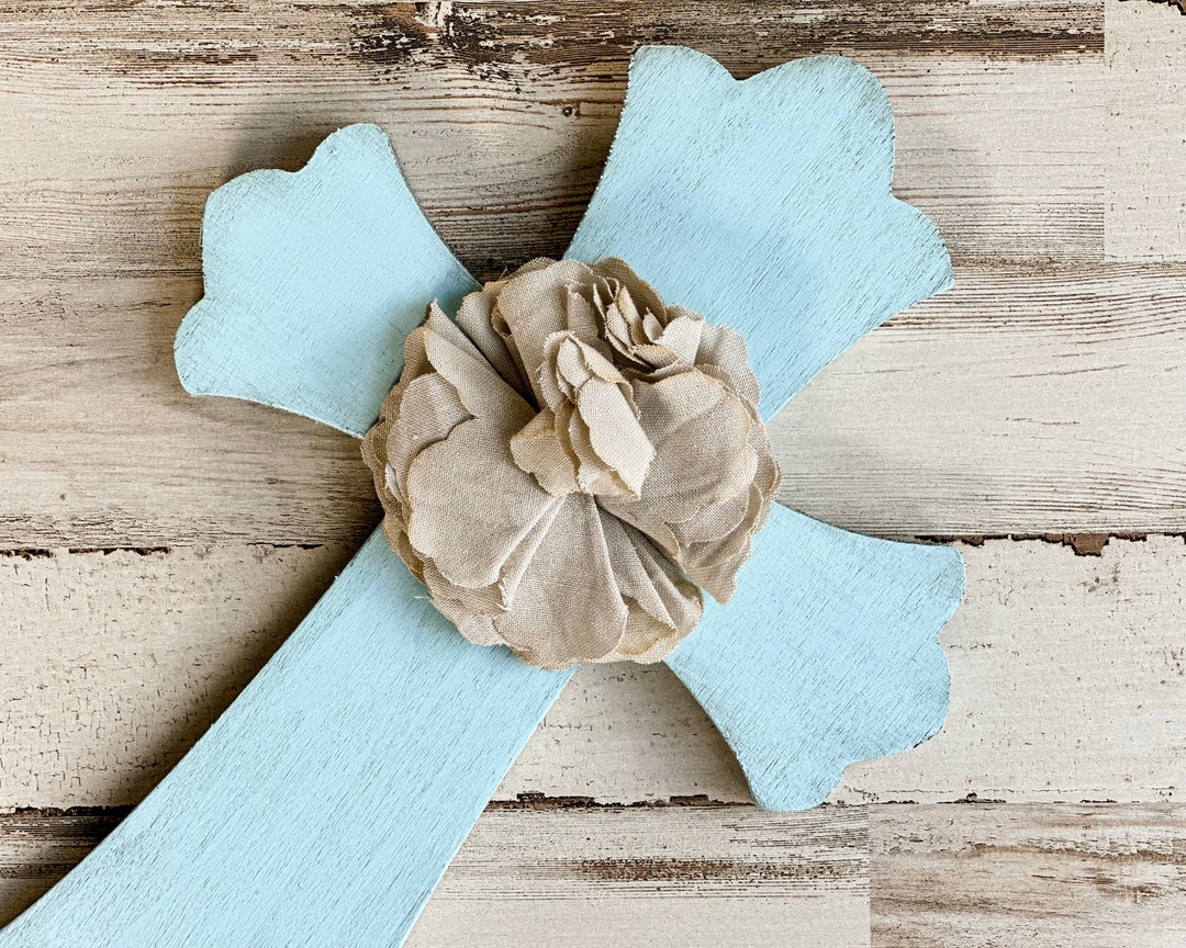Light Blue Painted Wood Cross, Floral Embellished Wooden Crosses ...