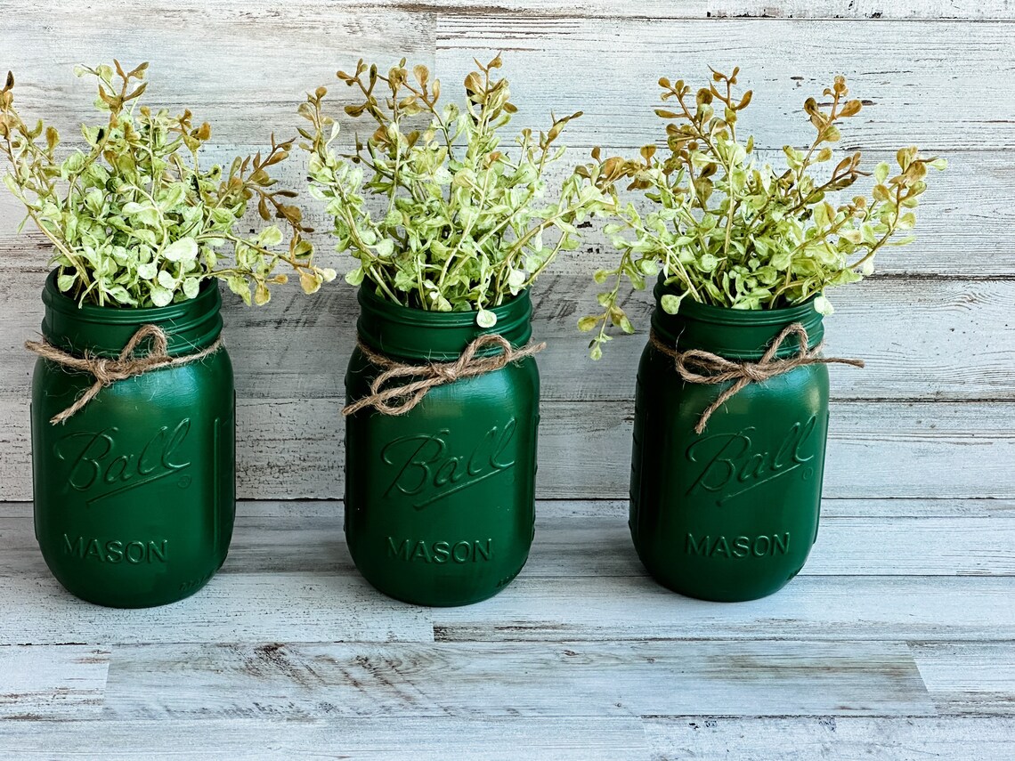 Forest Green Mason Jars, Cottagecore Painted Mason Jar Set, Country ...