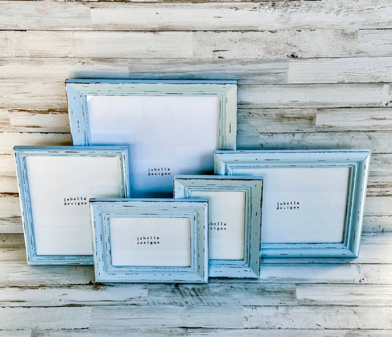 Coastal Sky Blue Wood Picture Frame Set, Distressed Wooden Photo Frames ...