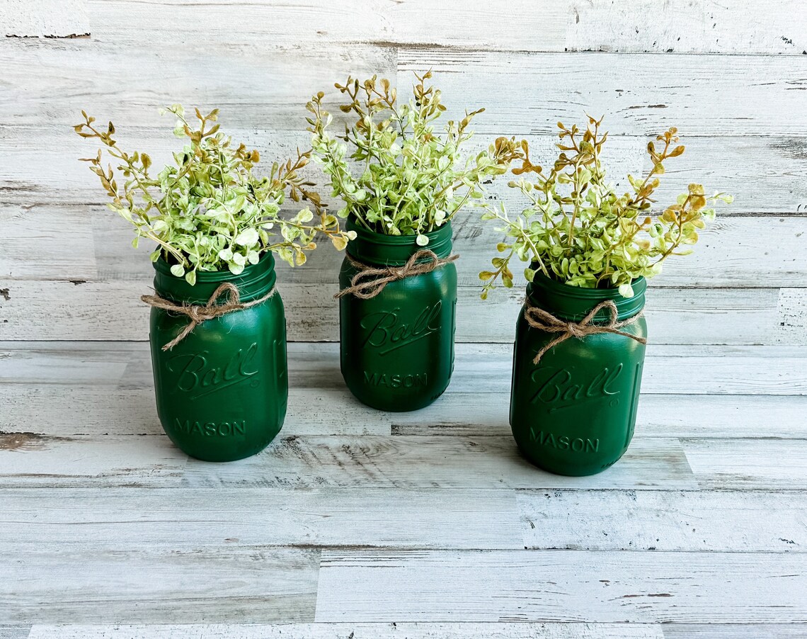 Forest Green Mason Jars, Cottagecore Painted Mason Jar Set, Country ...