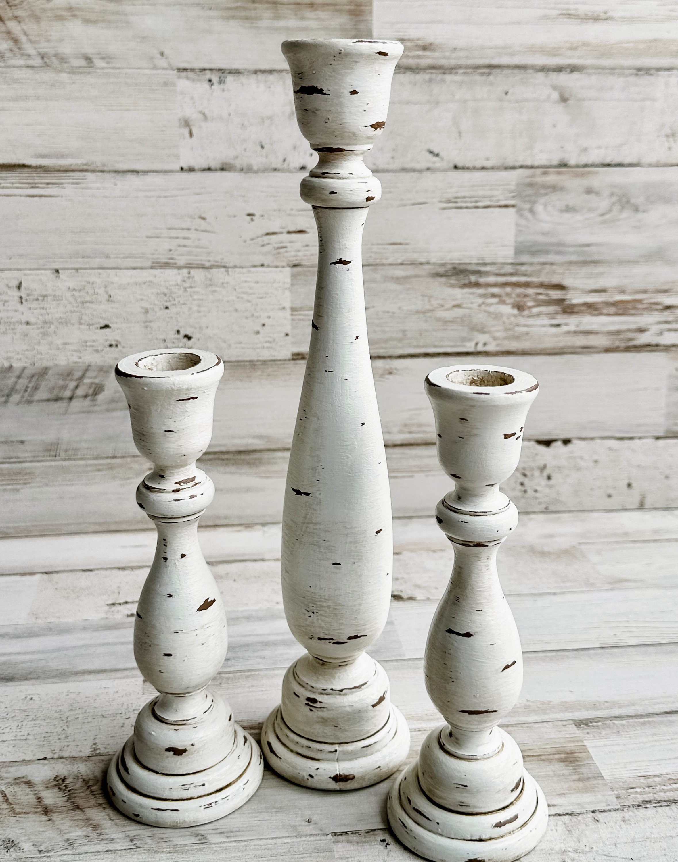 Antique White & Brown Wood Candlestick, Distressed Rustic Ivory Wooden ...