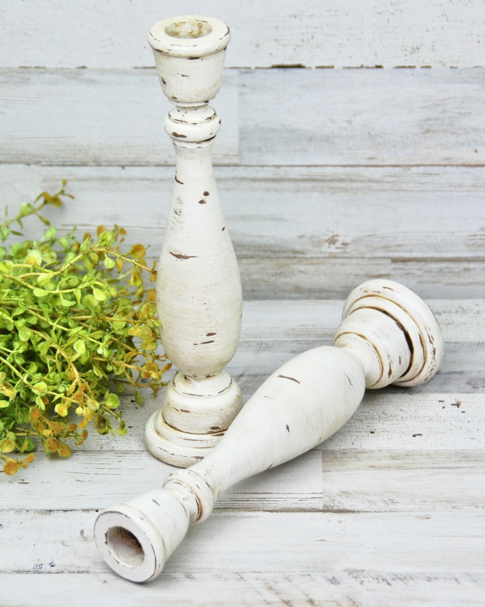 Rustic Farmhouse Distressed Wood Candlesticks Antique White & | Etsy