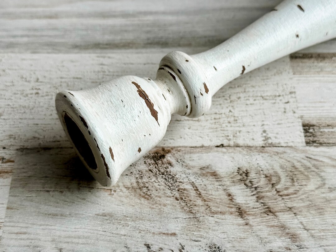 Antique White & Brown Wood Candlestick, Distressed Rustic Ivory Wooden ...