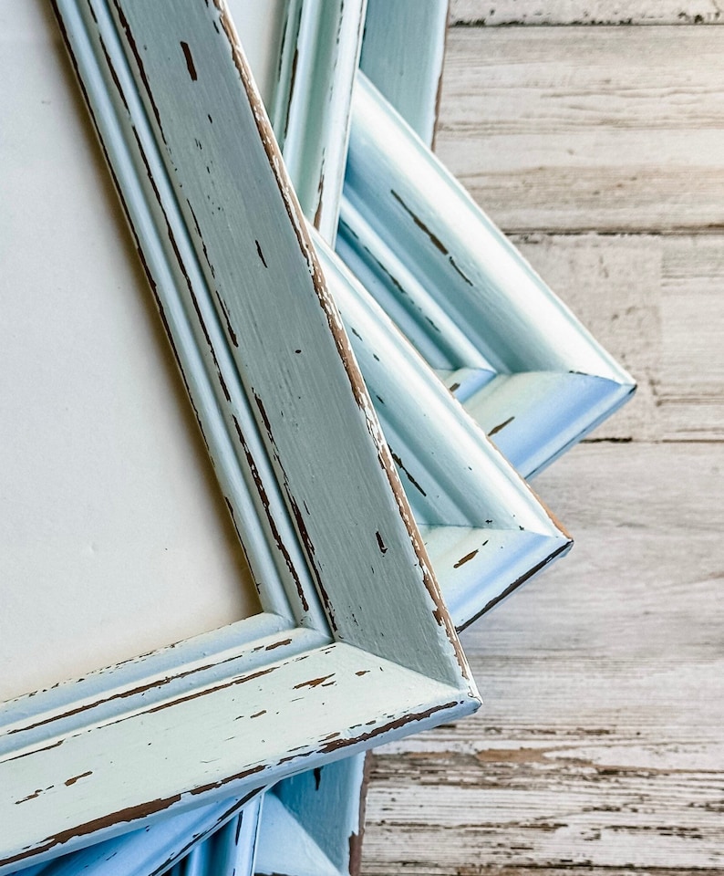 Coastal Sky Blue Wood Picture Frame Set, Distressed Wooden Photo Frames ...
