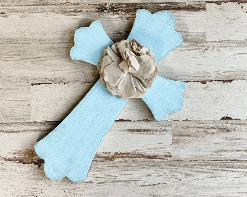 Light Blue Painted Wood Cross, Floral Embellished Wooden Crosses ...