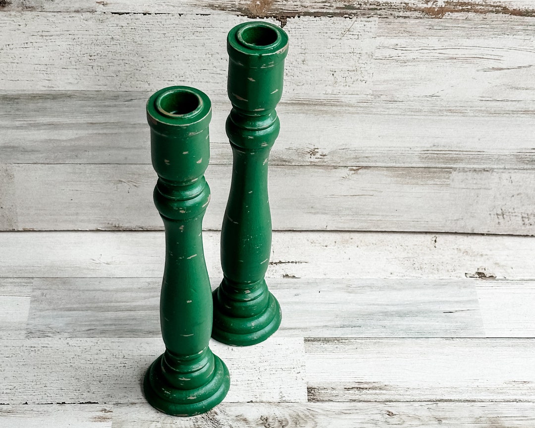 Distressed Wooden Candle Holders, Forest Green Wood Candlesticks ...