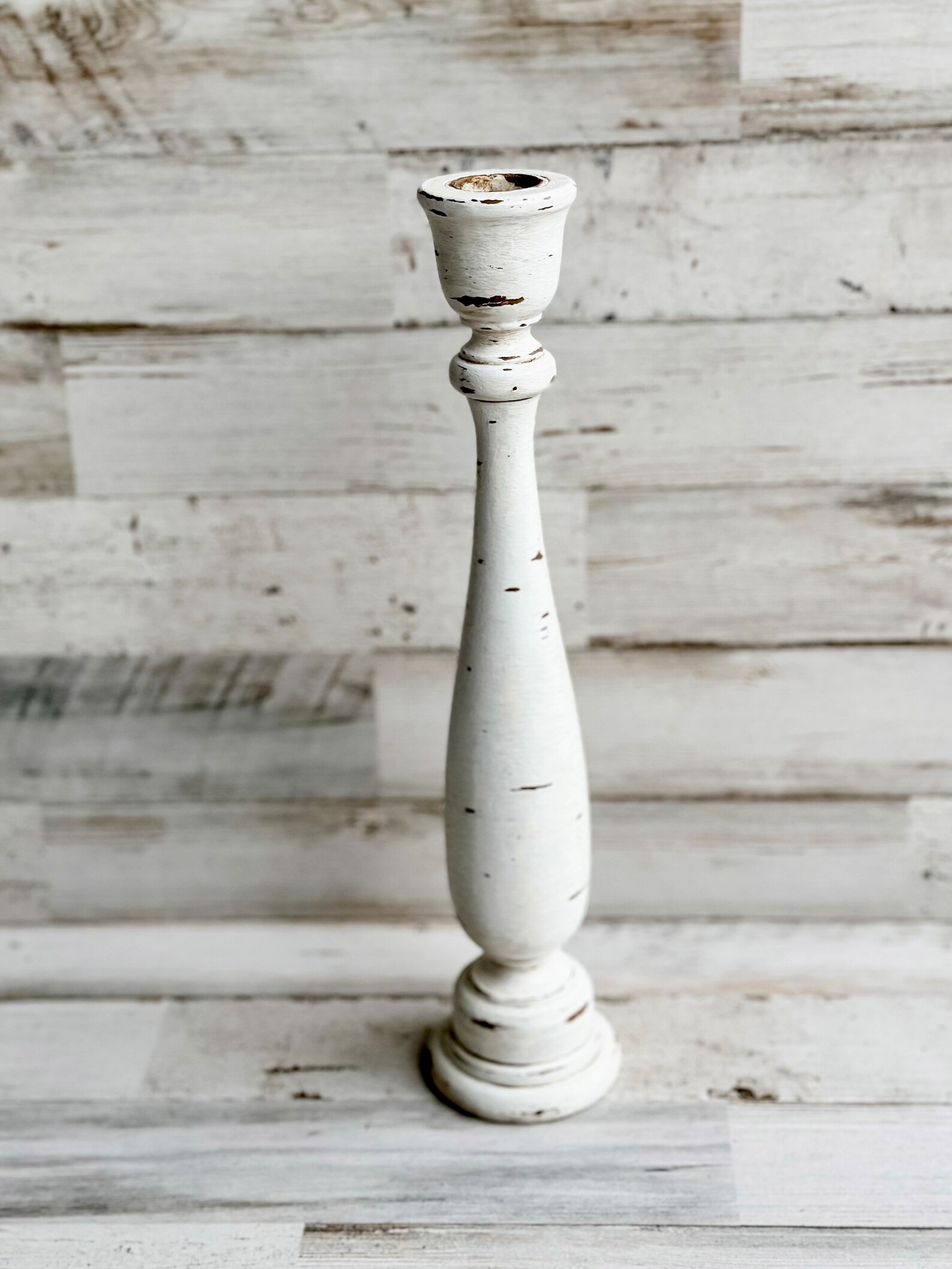 Antique White & Brown Wood Candlestick, Distressed Rustic Ivory Wooden ...