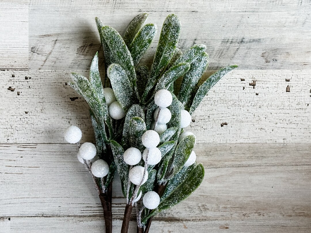 Frosted Holiday Mistletoe Picks, Set of 3 Faux Winter White Berry ...