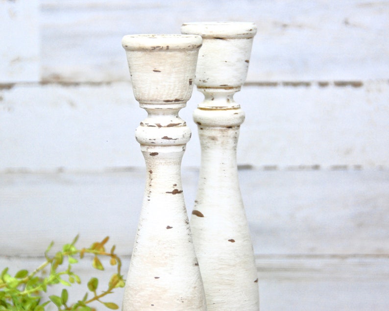 Rustic Farmhouse Distressed Wood Candlesticks Antique White & - Etsy