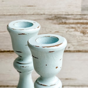 Distressed Sky Blue Wooden Candlesticks, Coastal Farmhouse Wood Candle ...