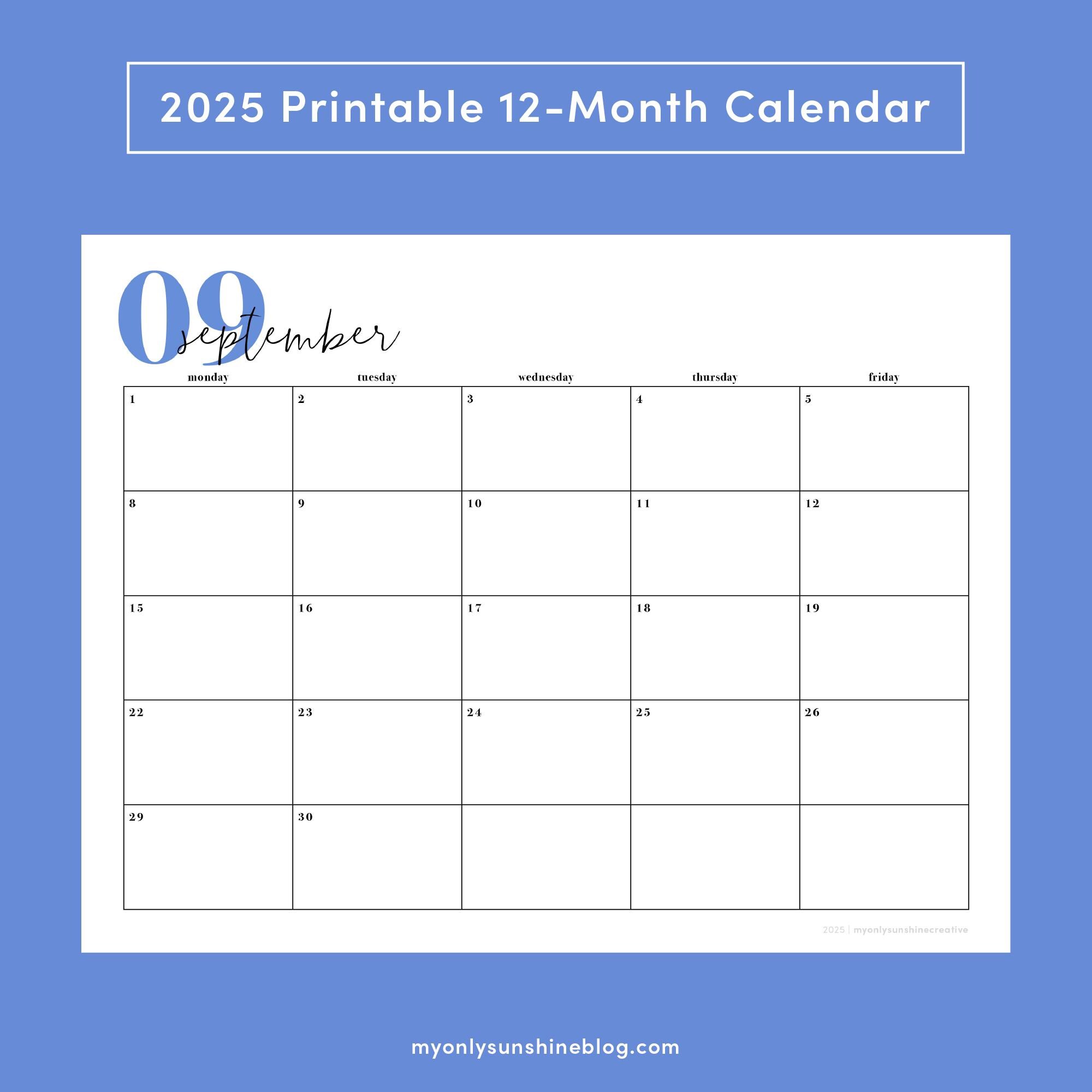 2025 Monday Through Friday — 12-month Printable Calendar, 11 X 8.5 ...