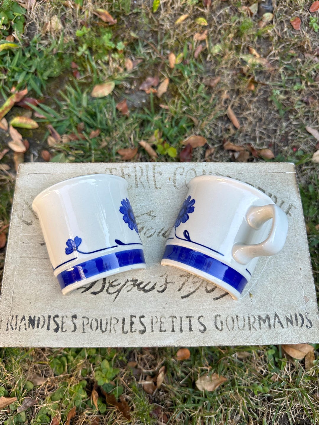 Cut in Half Vintage Blue and White Half Cups, Lovely Floral Half Cups ...