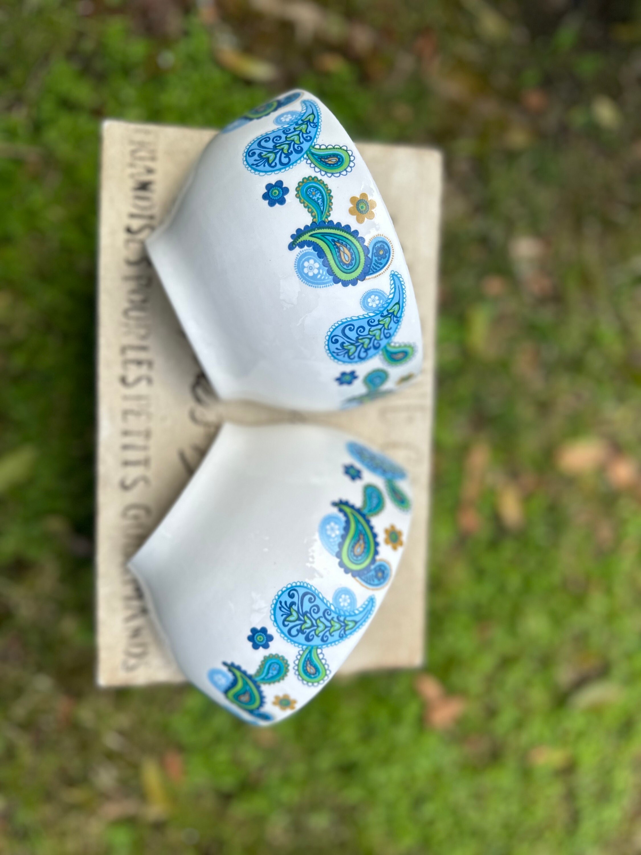 Cut in Half Peacock Colored Ceramic Half Bowls Turquoise Aqua White ...