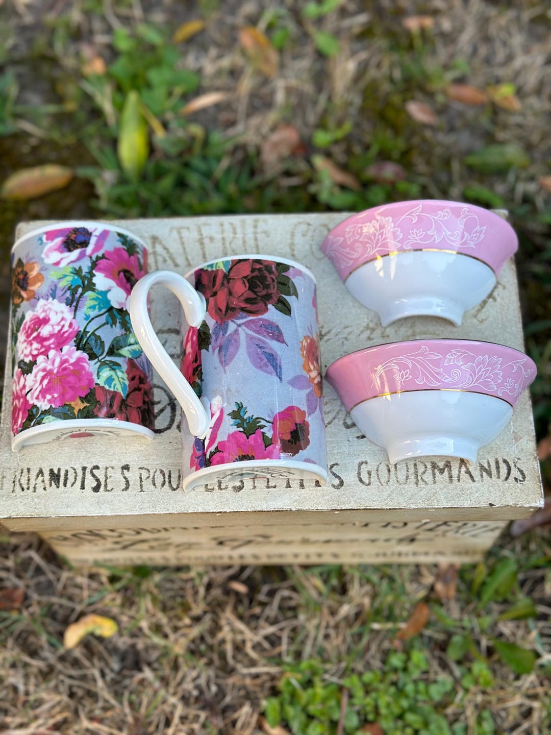 Cut in Half Vintage Bright Floral Half Cups, Four Pink Half Cups, With ...