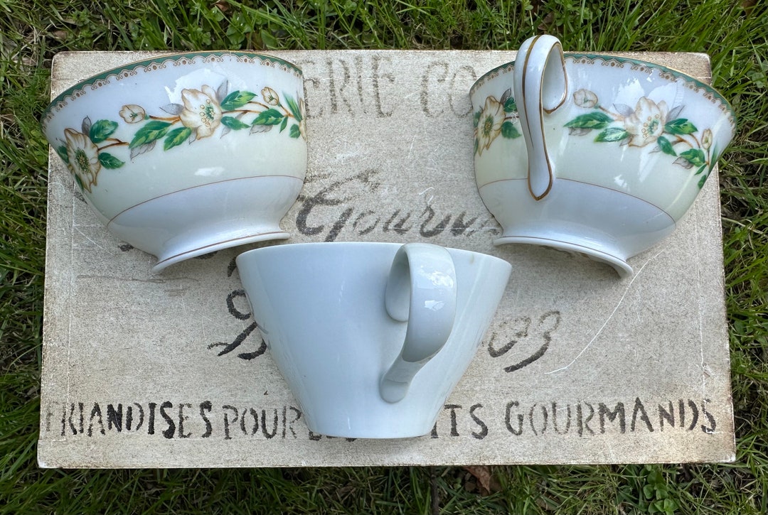 Cut in Half Delicate White Yellow, Green Tea Cups, Paired W Delicate ...