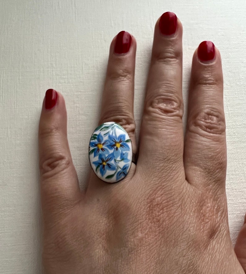 Vintage Blue Flower Enamel Oval Statement Ring Made in Spain - Etsy