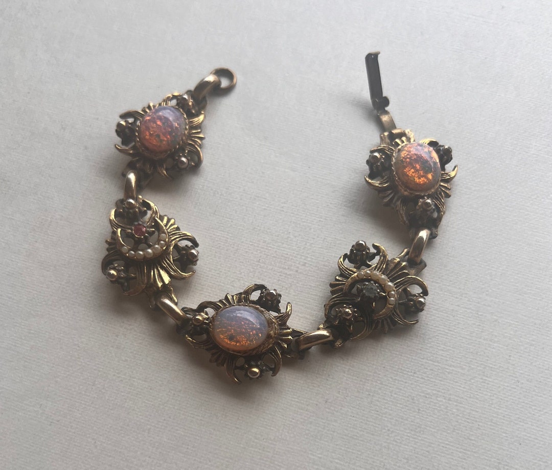 Vintage Victorian Revival Faux Opal Cabochon and Crescent Moon Design ...