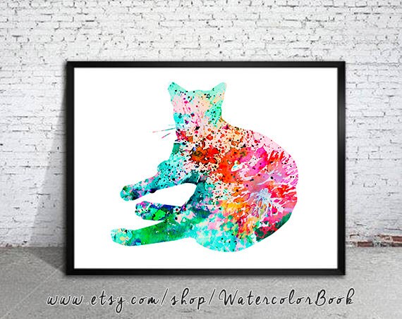 Colorful Cat Watercolor Print Fine Art Print Children's | Etsy