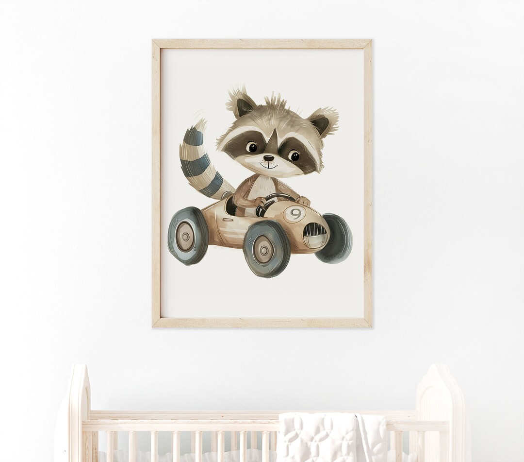 Raccoon Race Car Print: Nursery Wall Art - Etsy