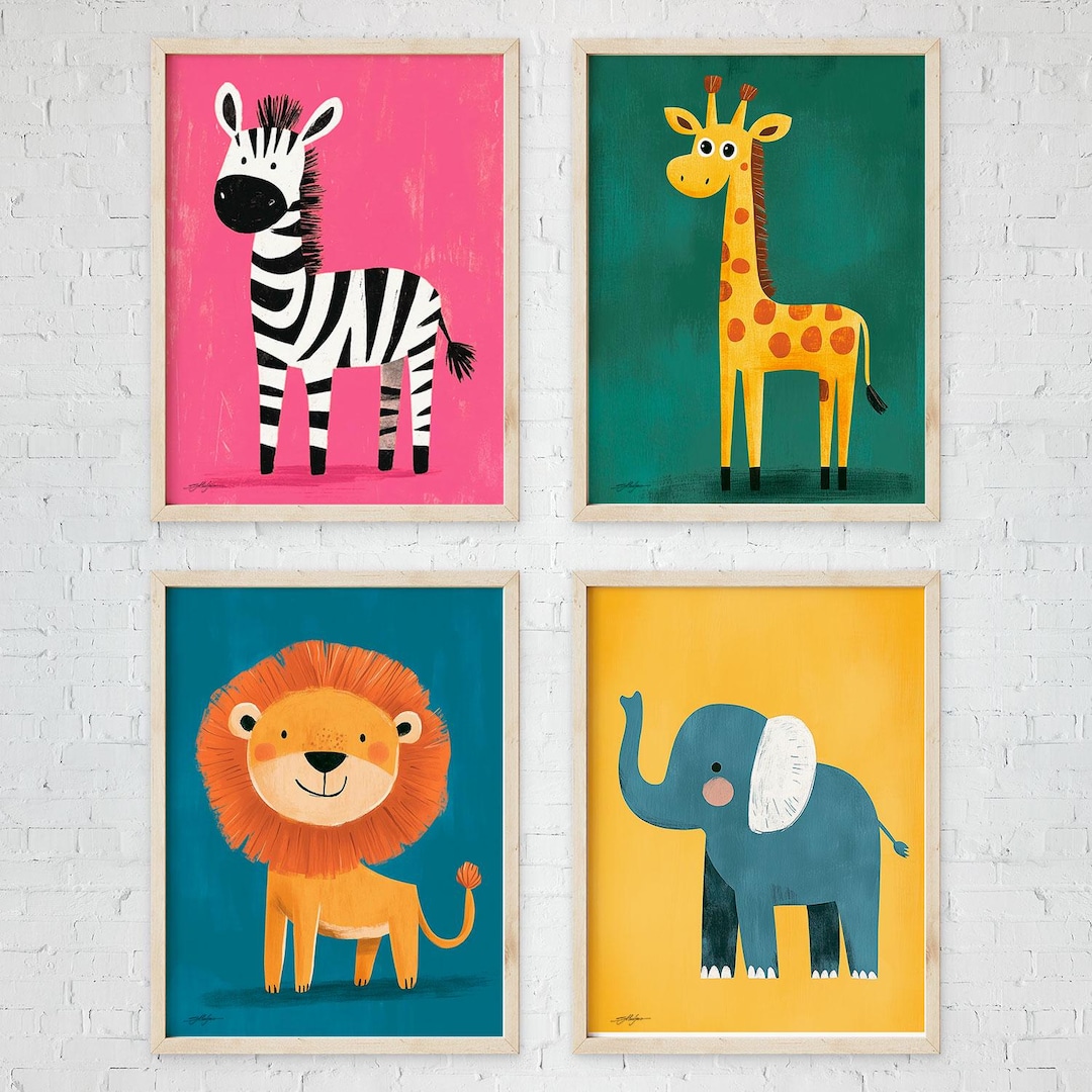 Safari Animal Wall Art Set of 4 Prints, Lion Elephant Zebra Giraffe ...
