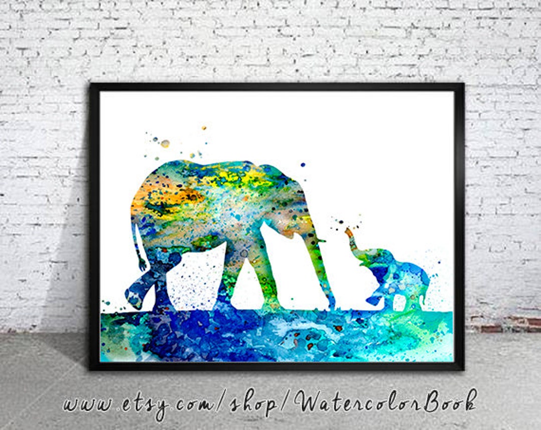Mom and Baby Elephant Print, Watercolor Print, Animal Art, Art Print ...