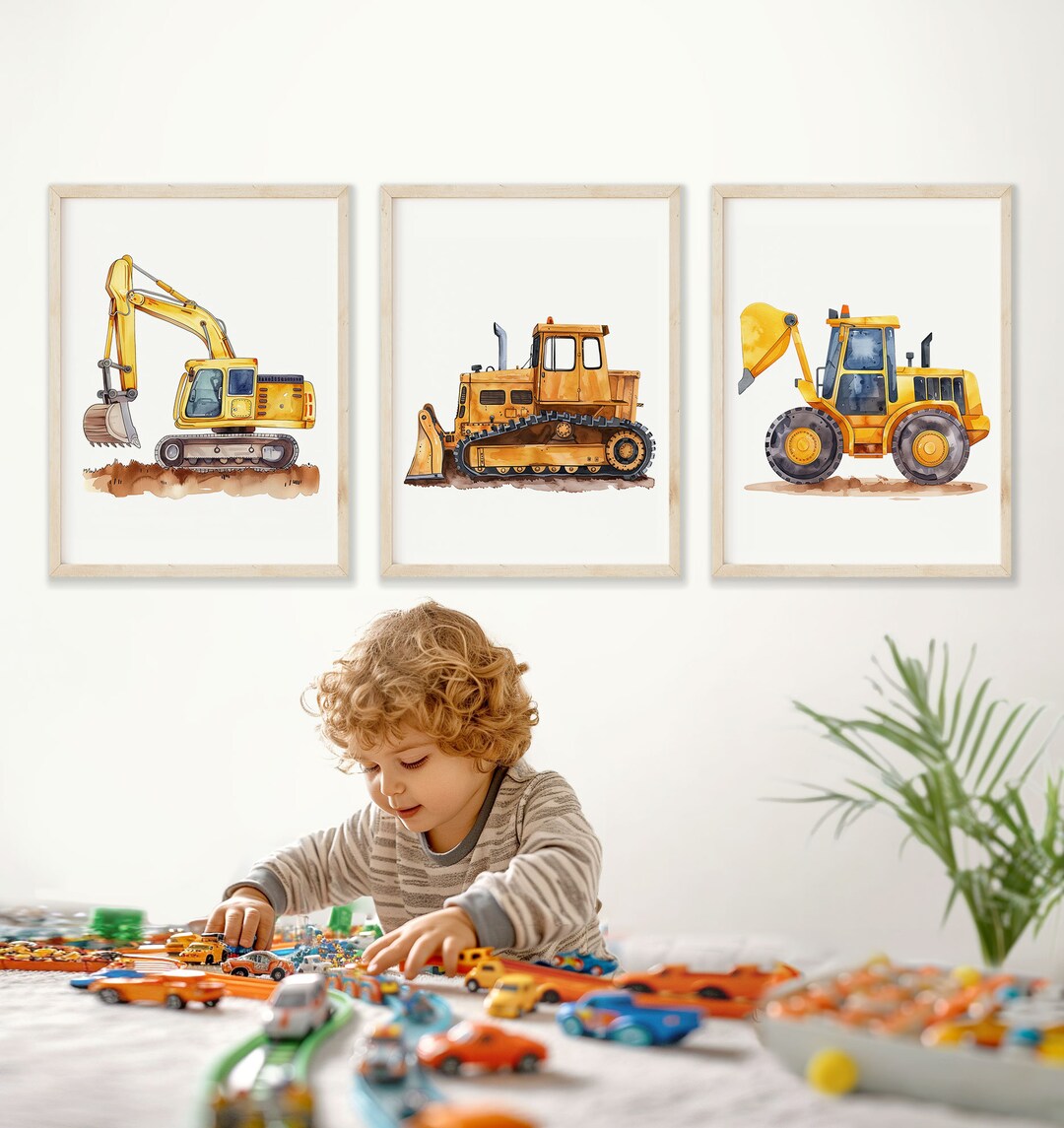 Construction Vehicle Prints: Excavator, Bulldozer, Loader Wall Art Set ...