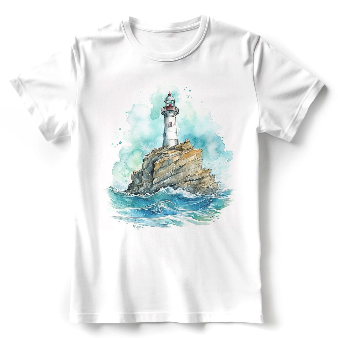 Lighthouse Watercolor T-shirt, Lighthouse Art Tee, Trendy Tops With Sea ...