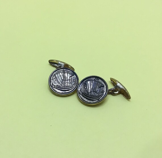1940s Bronze Tone Lightweight Ship Cufflinks - Gem