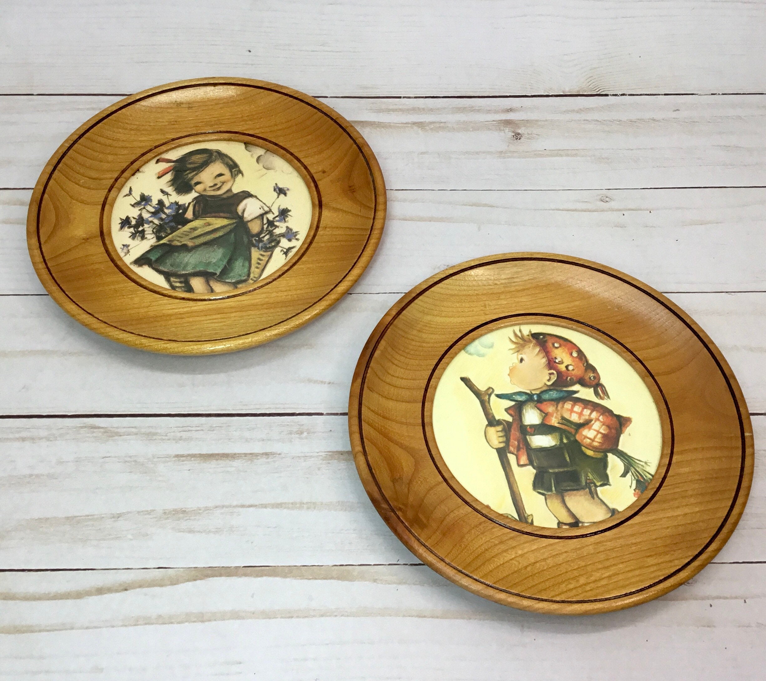 MI HUMMEL Wooden Display Plates of Little Boy With Hiking Stick and ...