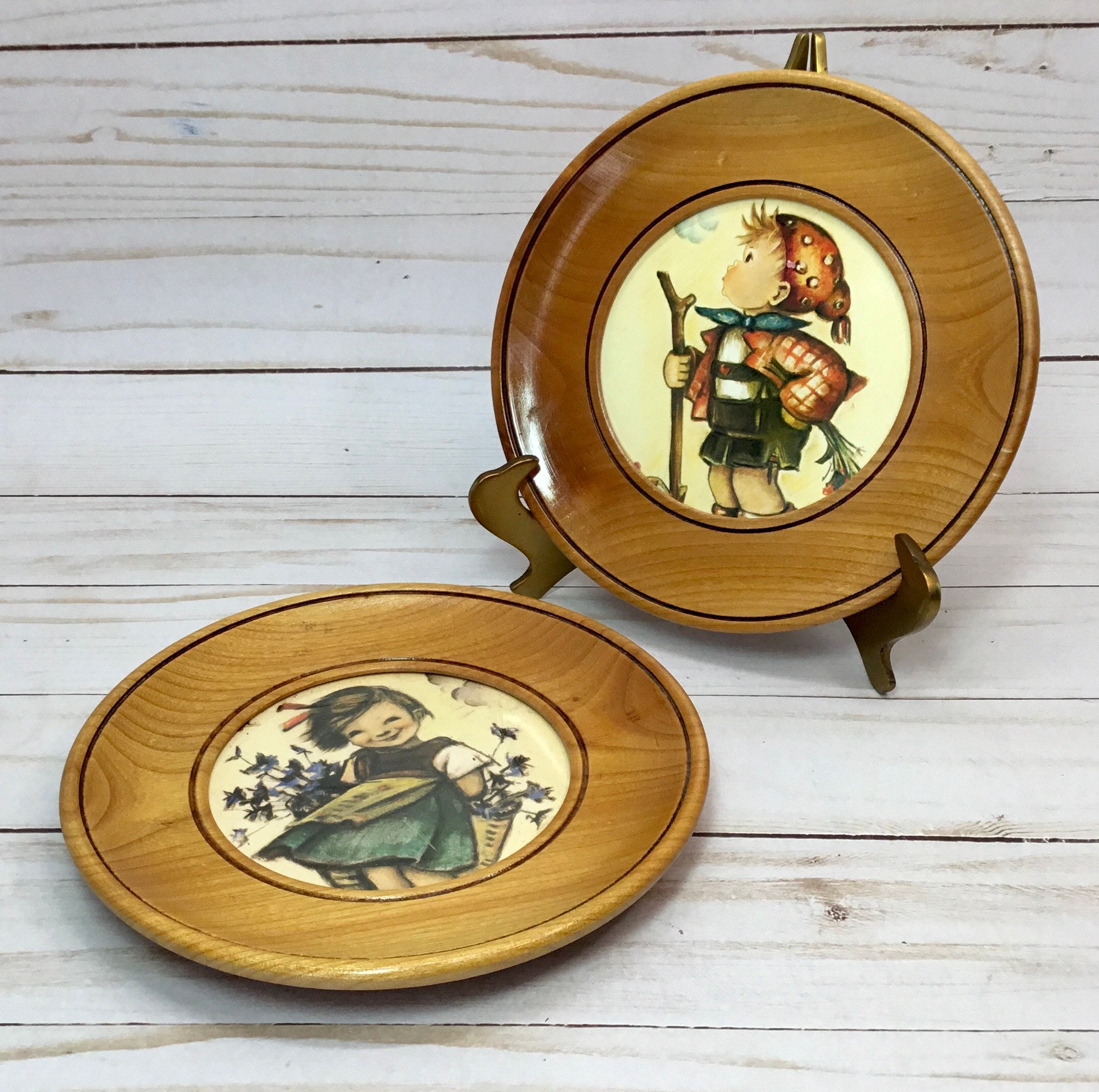 MI HUMMEL Wooden Display Plates of Little Boy With Hiking Stick and ...